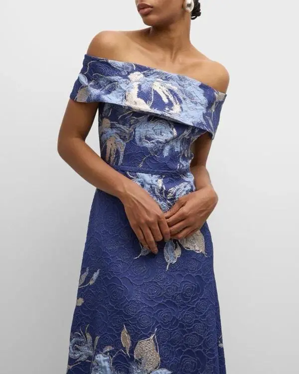 Rickie Freeman For Teri Jon Metallic Flower Jacquard Gown - Blue Multi