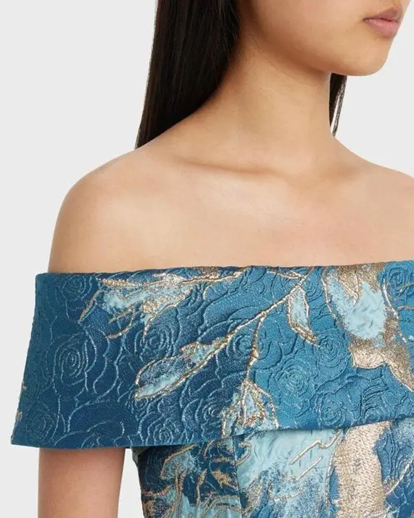 Rickie Freeman For Teri Jon Metallic Flower Jacquard Gown - Peacock Go