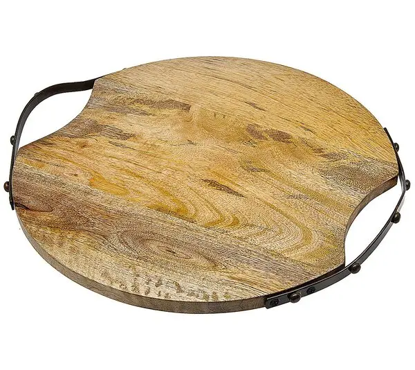 GODINGER Large Round Wood Handled Tray - One-color
