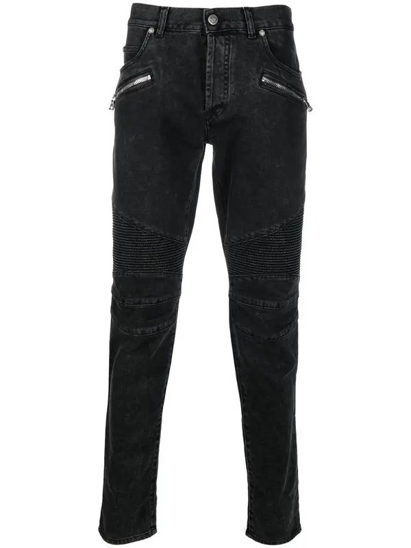 Balmain Washed Stretch Cotton Ribbed Knee Skinny Jeans - Black