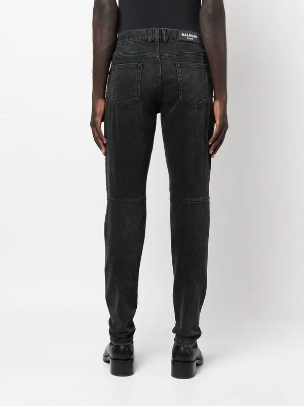 Balmain Washed Stretch Cotton Ribbed Knee Skinny Jeans - Black
