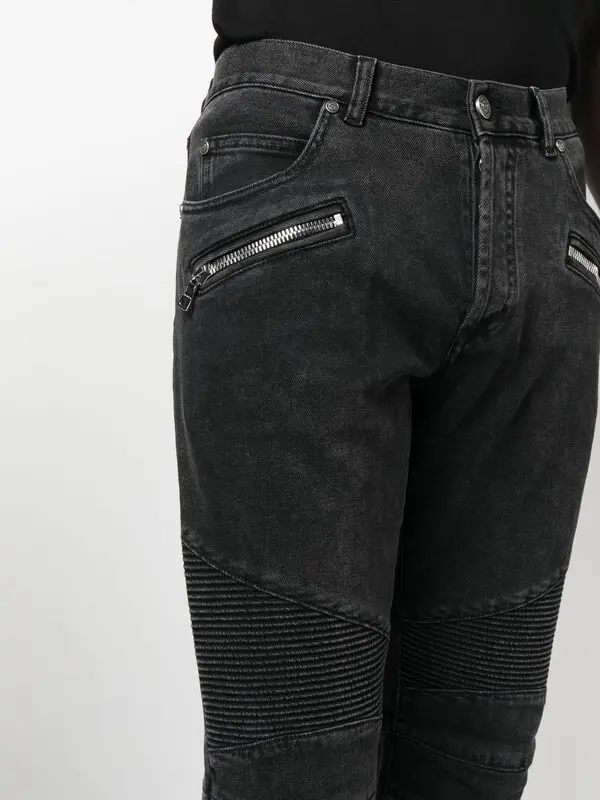 Balmain Washed Stretch Cotton Ribbed Knee Skinny Jeans - Black