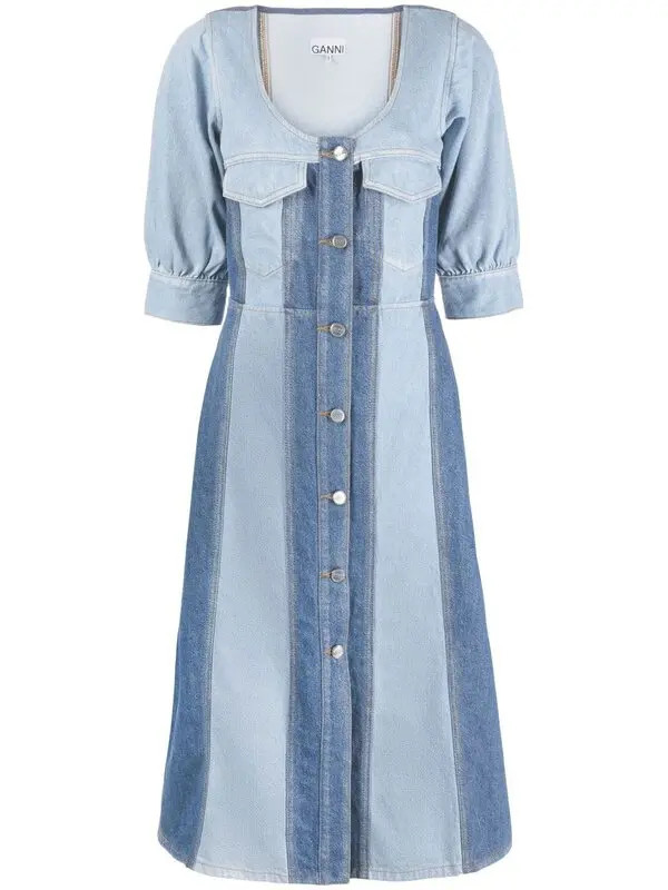 GANNI Panelled Midi Organic Cotton Dress - Blue
