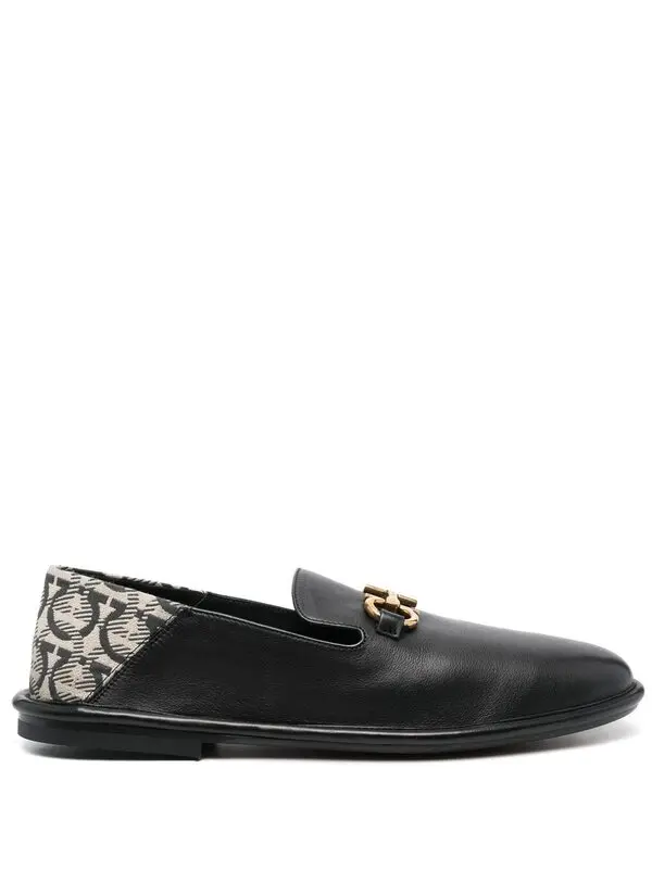 FERRAGAMO Gancini-print Panel Detail Loafers - Black