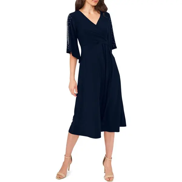 Chaus Embellished Faux Wrap Midi Dress - Navy