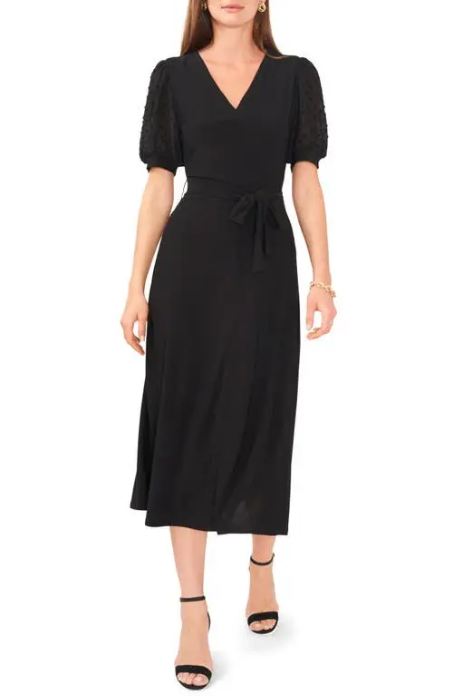 Chaus Clip Dot Puff Sleeve Tie Front Midi Dress - Black