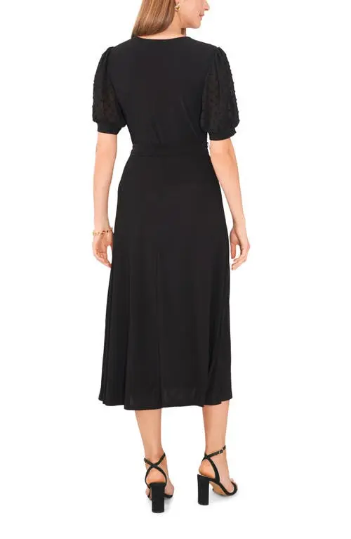 Chaus Clip Dot Puff Sleeve Tie Front Midi Dress - Black