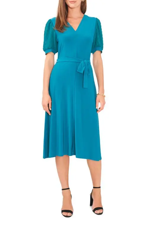 Chaus Clip Dot Puff Sleeve Tie Front Midi Dress