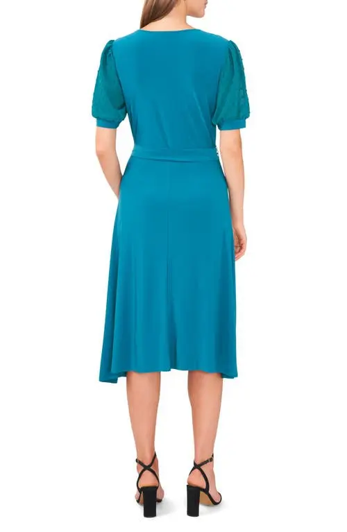 Chaus Clip Dot Puff Sleeve Tie Front Midi Dress