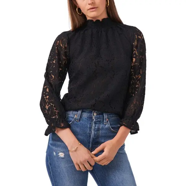 1.State Smocked Mock Neck Top - Rich Black
