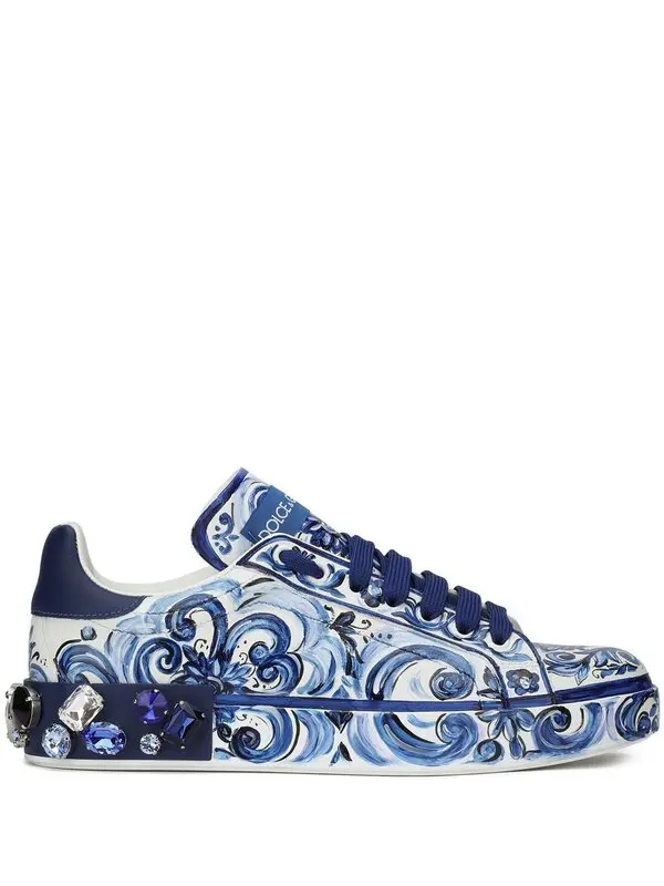 Dolce & Gabbana Portofino Majolica-print Leather Sneakers - Blue