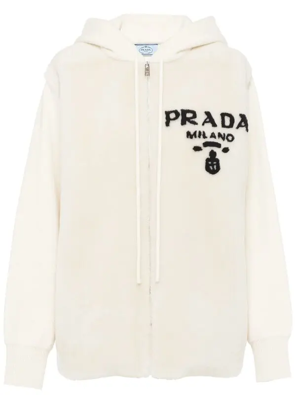 Prada Logo-intarsia Shearling Hoodie - White | Editorialist