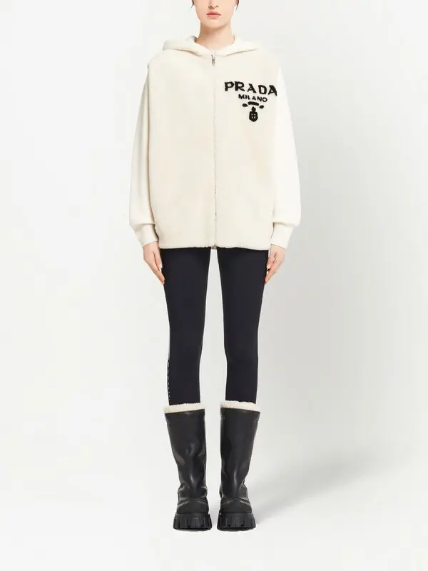 Prada Logo-intarsia Shearling Hoodie - White | Editorialist