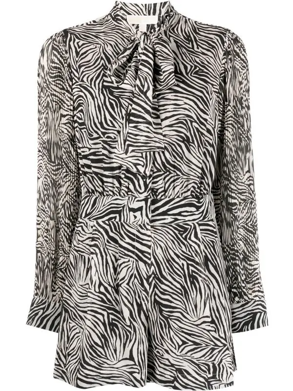 Zebra-print Pussy-bow Playsuit