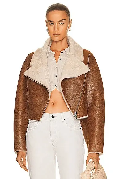 Nour Hammour Colorado Cropped Shearling Bombardier Jacket In Brown
