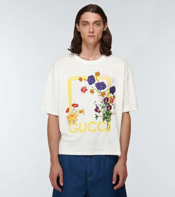 GUCCI◇Tシャツ/L/リネン/NVY/花柄 GUCCI 花柄プリント Tシャツ ホワイト
