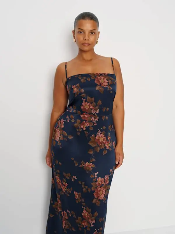 frankie silk dress blue Navy Frankie Silk Dress by Reformation