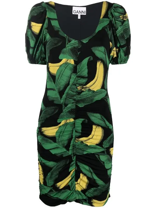 GANNI Banana-print Puff-sleeve Dress - Black