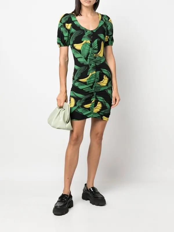 GANNI Banana-print Puff-sleeve Dress - Black