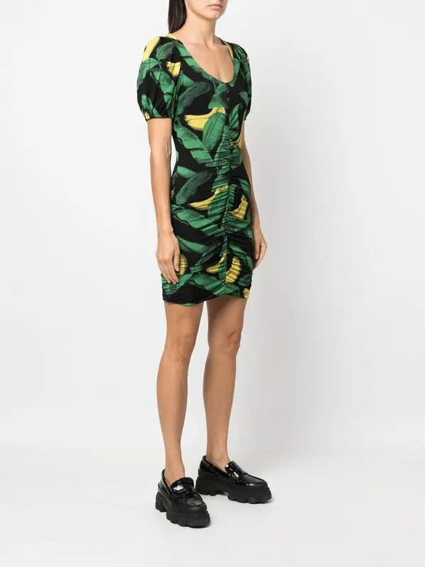 GANNI Banana-print Puff-sleeve Dress - Black