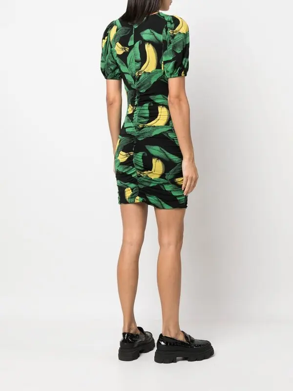 GANNI Banana-print Puff-sleeve Dress - Black
