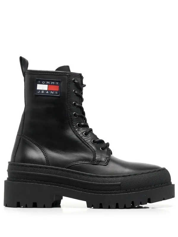 Tommy Hilfiger Logo-patch Lace-up Combat Boots - Black