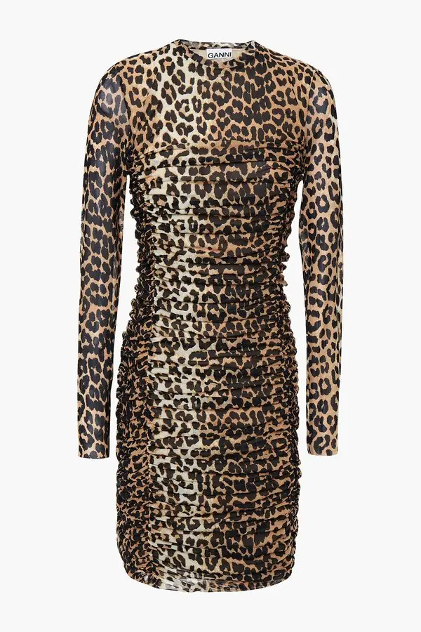 GANNI Ruched Leopardprint Stretchmesh Mini Dress - Animal Print