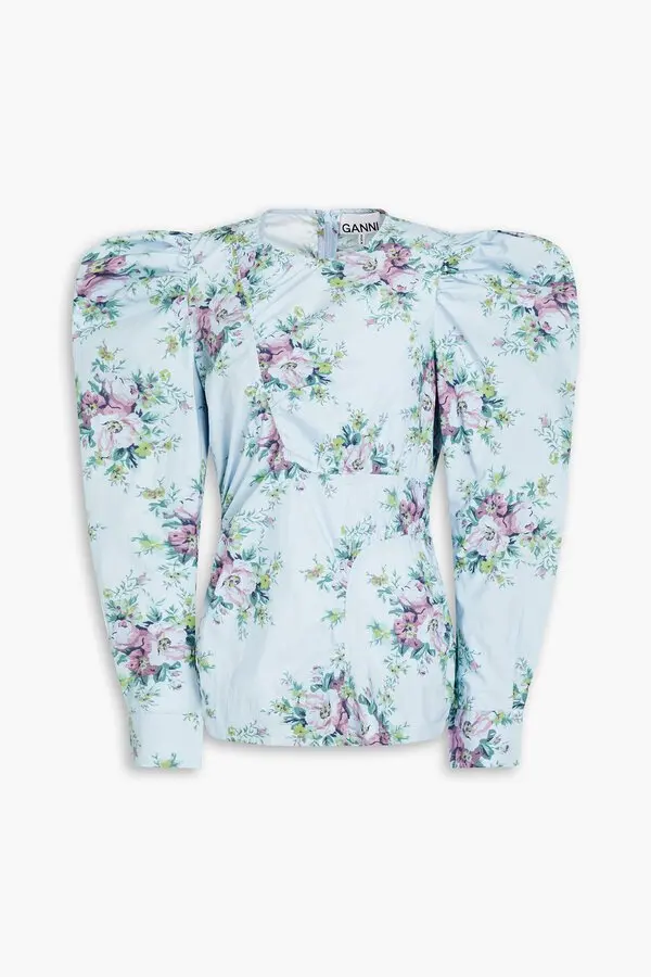 GANNI Gathered Floral-print Organic Cotton-poplin Top - Light Blue