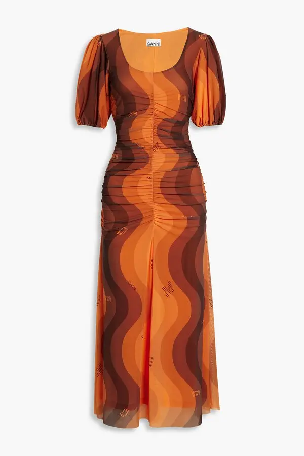 GANNI Ruched Printed Stretchmesh Midi Dress - Orange