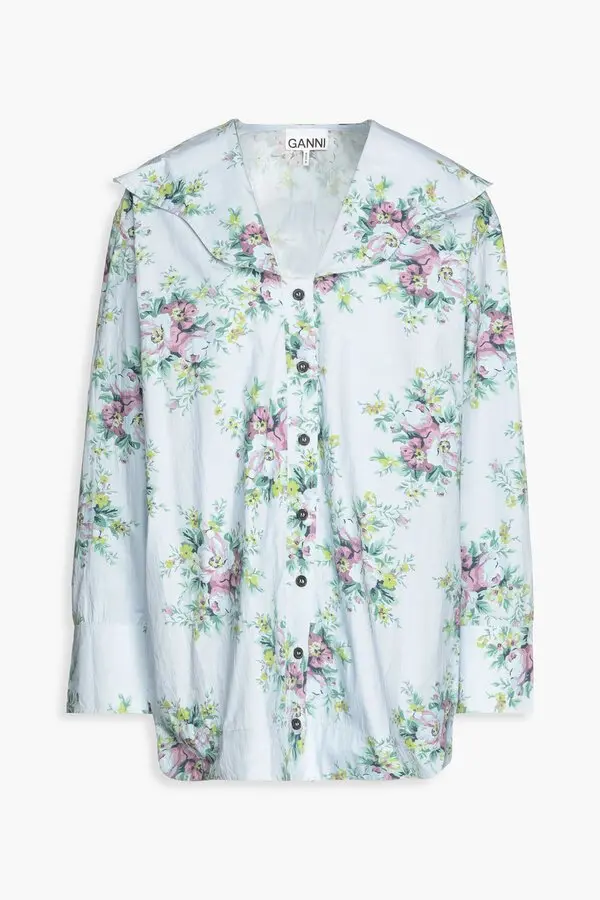 GANNI Floral Print Organic Cotton Poplin Shirt - Light Blue