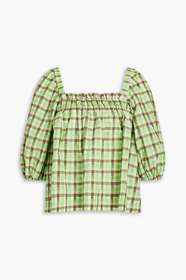 GANNI Gathered Checked Organic Cottonblend Blouse - Light Green