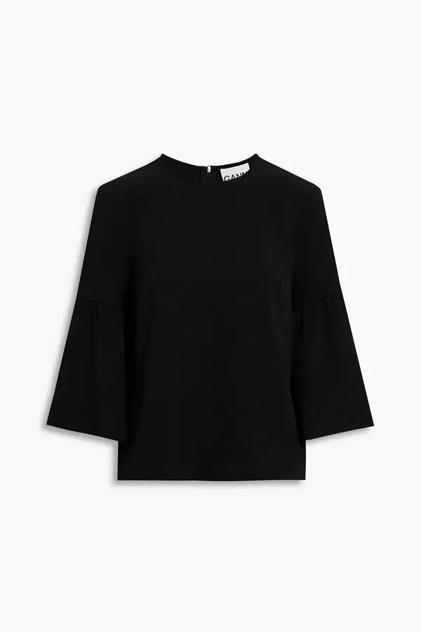 GANNI Gathered Sleeve Crepe Top - Black