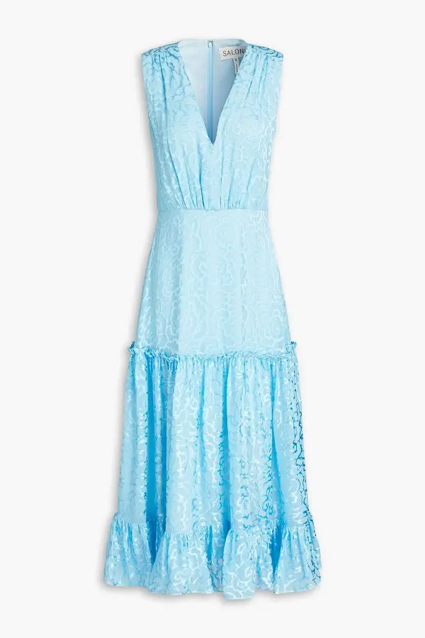 Saloni Devon Tiered Devoré Silk-blend Midi Dress - Light Blue