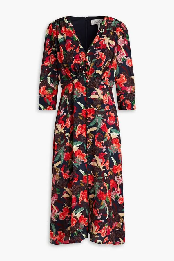Saloni Eve Floral-print Silk Crepe De Chine Midi Dress - Black