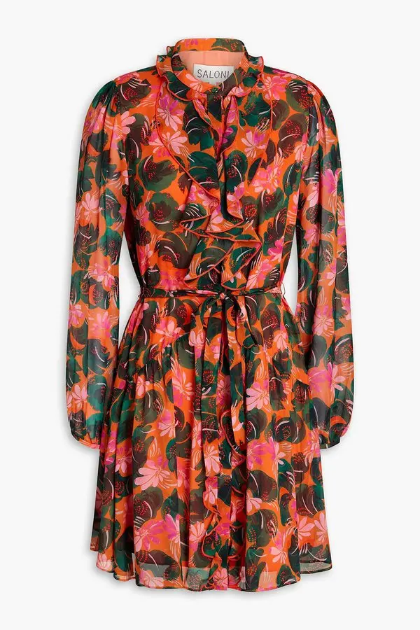 Saloni Tilly Ruffled Printed Silkgeorgette Mini Dress - Orange