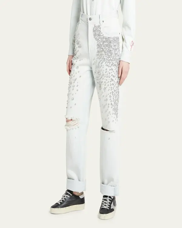 Golden Goose Kim Bleached Jeans With Crystals Light Blue
