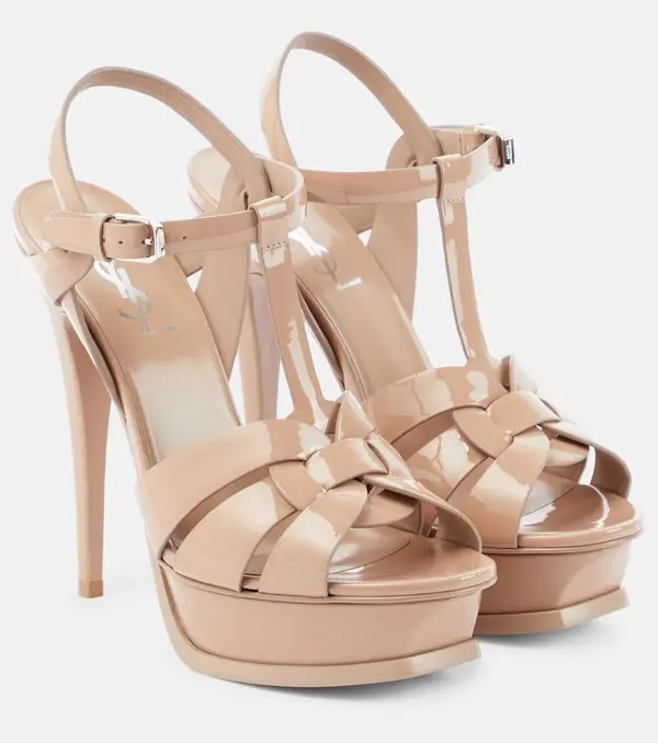 Saint Laurent Tribute Patent Leather Platform Sandals - Beige