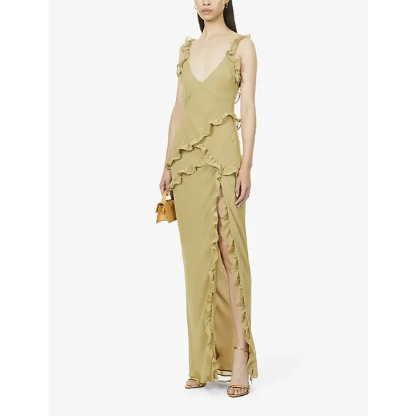 House Of Cb Ruffled Mesh Maxi Dress - Olive