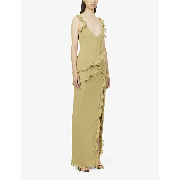 House Of Cb Ruffled Mesh Maxi Dress - Olive