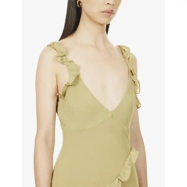 House Of Cb Ruffled Mesh Maxi Dress - Olive