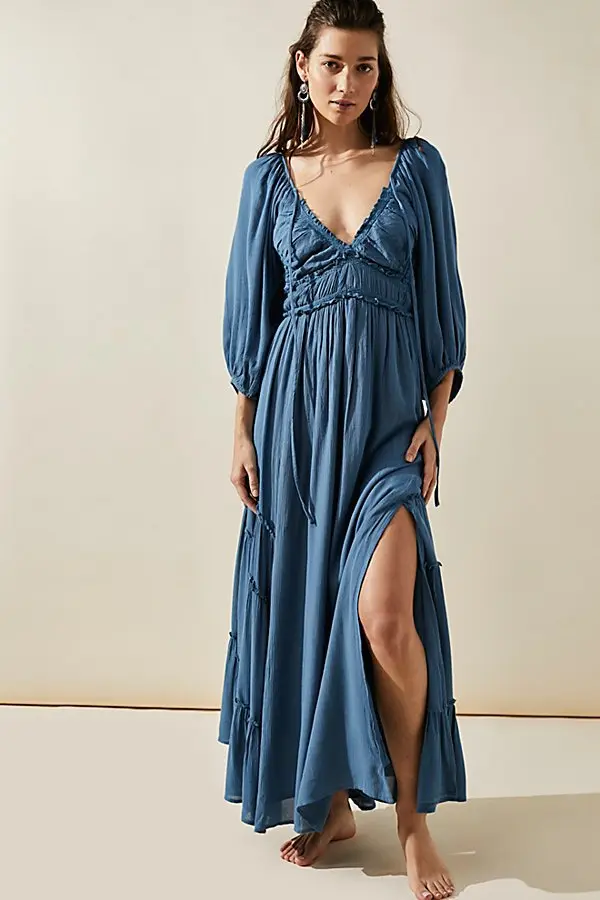 knee length dresses for ladies FREE PEOPLE Maxi BLUEBELL Patchwork Tiered Dress – Silver Accents