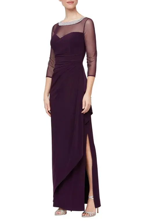 Alex Evenings Illusion Sleeve Side Ruched Gown - Eggplant