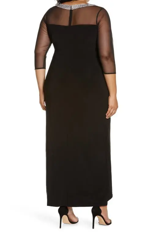 Alex Evenings Illusion Sleeve Side Ruched Gown - Black | Editorialist