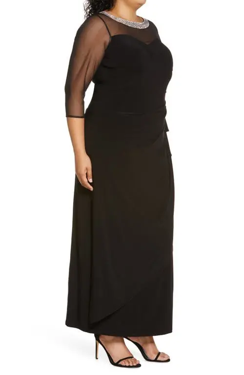 Alex Evenings Illusion Sleeve Side Ruched Gown