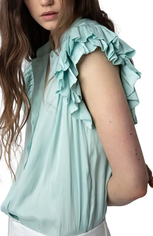 Zadig&Voltaire Tiza Ruffle Satin Button-up Blouse - Celadon