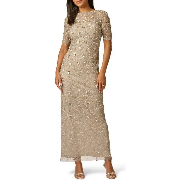 Adrianna Papell Beaded Gown - Platinum