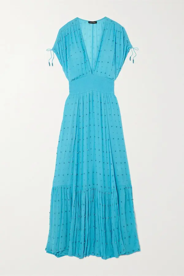 Retrofete Tennie Crystal-embellished Tiered Plissé-silk Georgette Maxi Dress - Blue