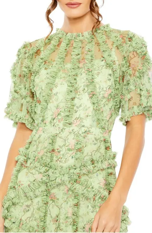 mac duggal ruffled a-line flutter-sleeve mini dress Flutter Sleeve Ruffle Mesh - Sage Multi Oscar de la Renta 18%POLYESTER length evening dress designed Color:Diamond White