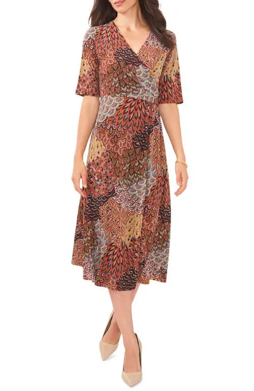 Chaus Mixed Print Faux Wrap Midi Dress - Spice