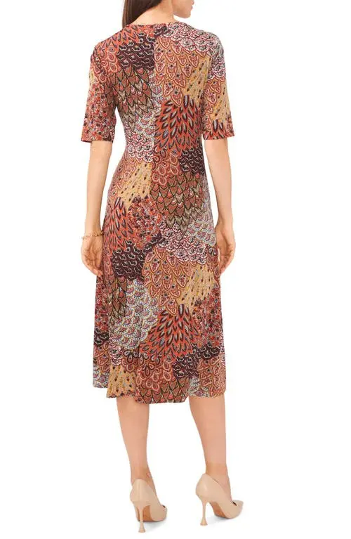 Chaus Mixed Print Faux Wrap Midi Dress - Spice
